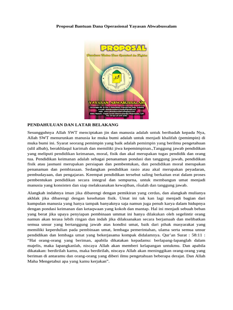 Proposal Bantuan Dana Operasional Yayasan Abwabussalam | PDF