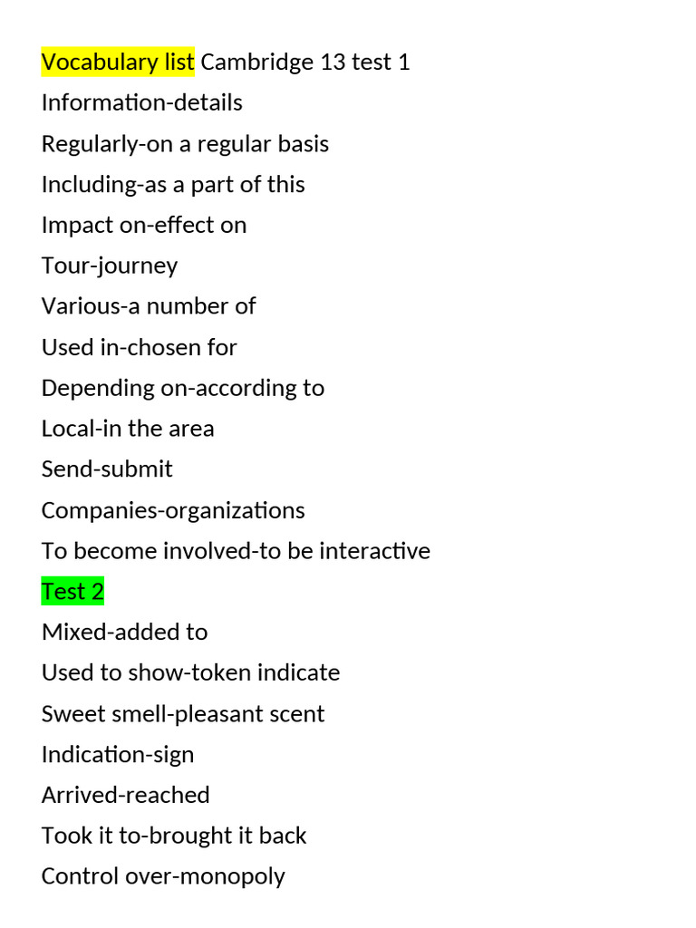 Cambridge 13 Vocabulary List | PDF