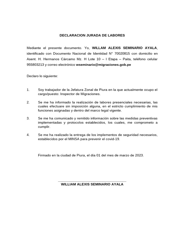 Formato de DJ TRABAJO PRESENCIAL | PDF