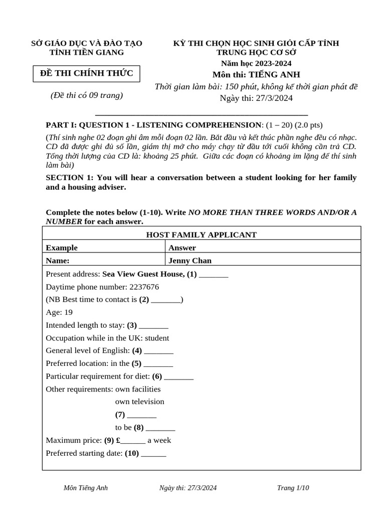 Dethi hsg thcs tỉnh Tiếng Anh 2023-2024 (in ra) | PDF | Word | Insects