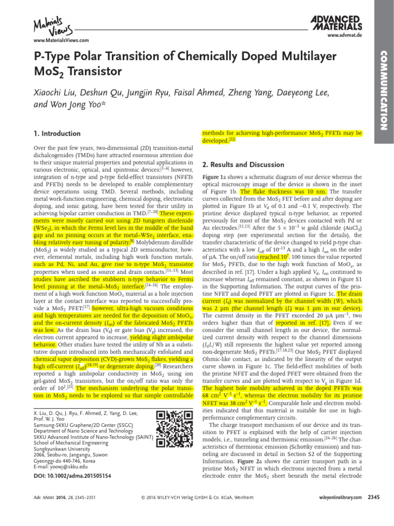P-Type Polar Transition of Chemically Doped Multilayer MoS2 Transistor ...