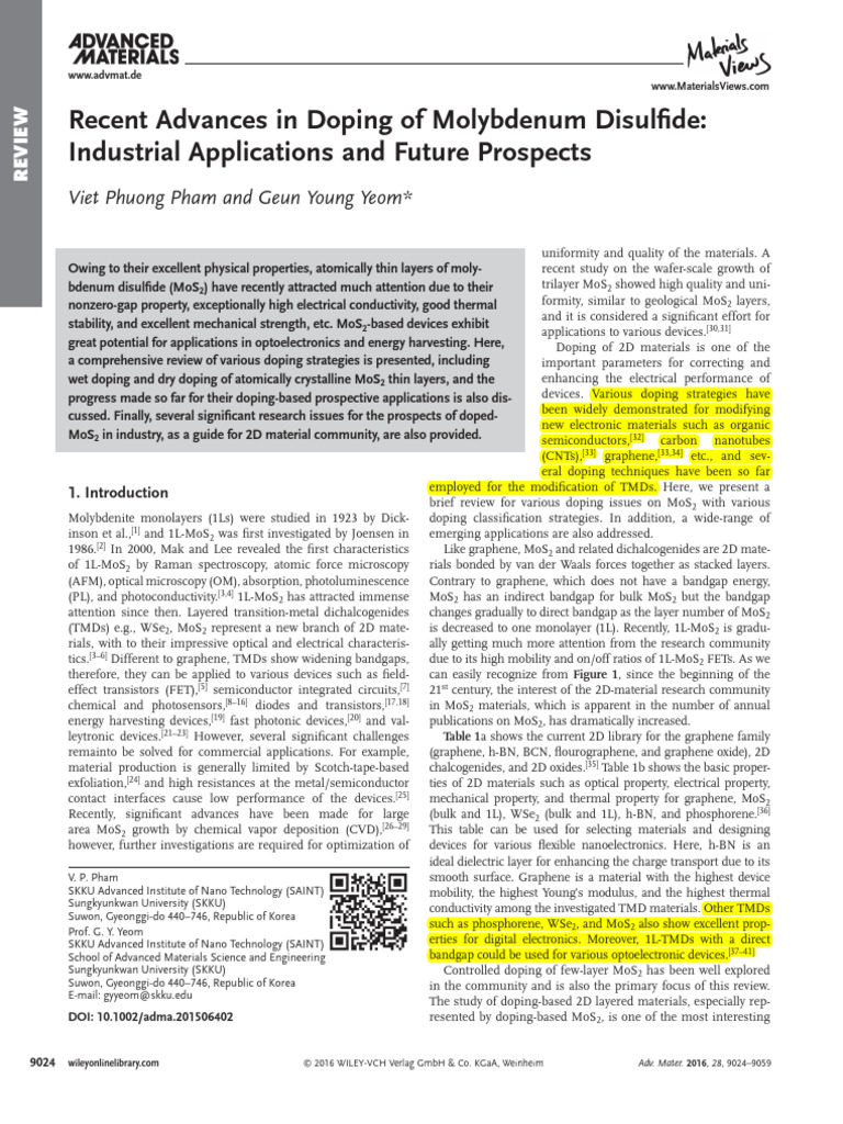 Recent Advances in Doping of Molybdenum Disulfi De: Industrial Applications and Future Prospects ...