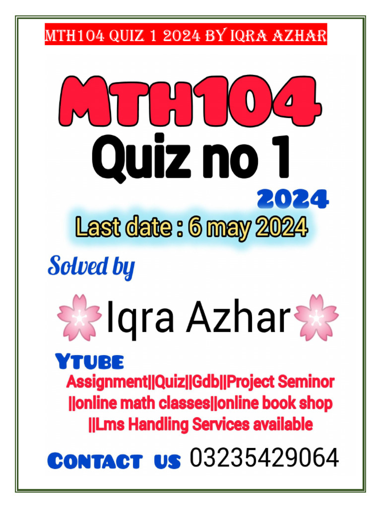 MTH104 Quiz 1 2024 by Iqra Azhar | PDF | Mathematical Analysis | Algebra
