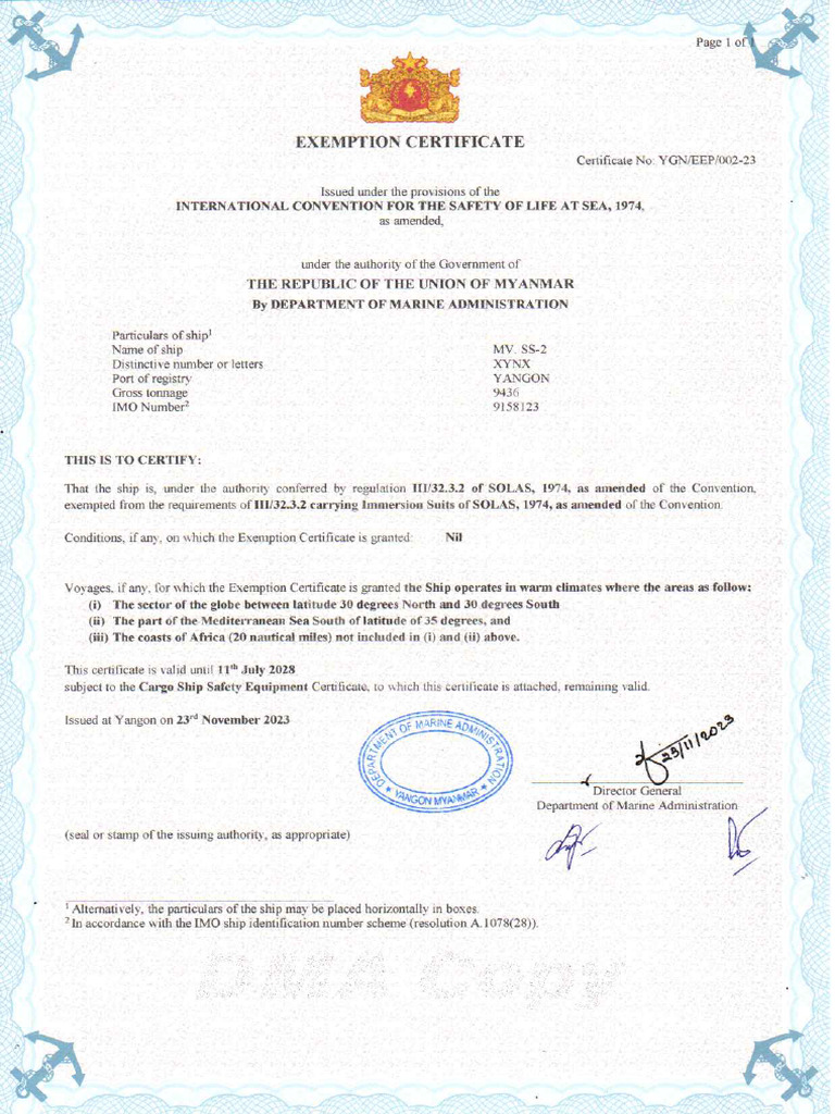 07-3 Immersion Suit Exemption Certificate (Dma) | PDF