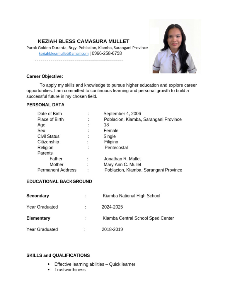 Generic Resume Work Immersion 1 2 | PDF