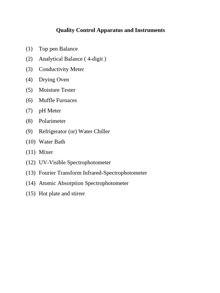 Quality Control Apparatus and Instruments List | PDF