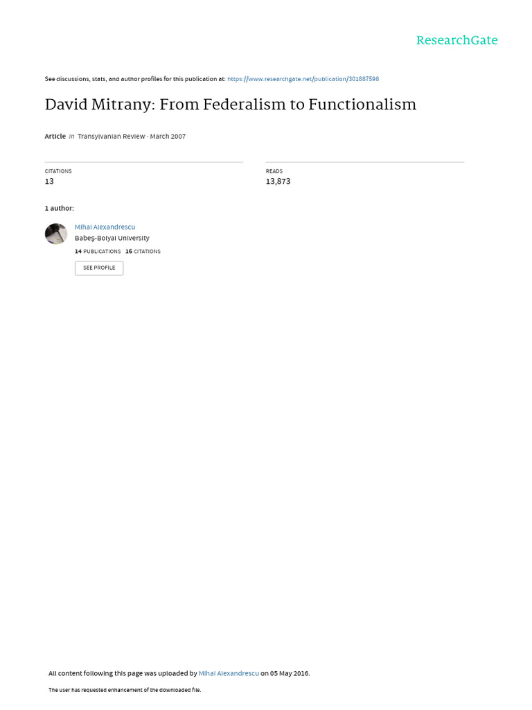 David Mitrany From Federalism To Functio | PDF | Political Science