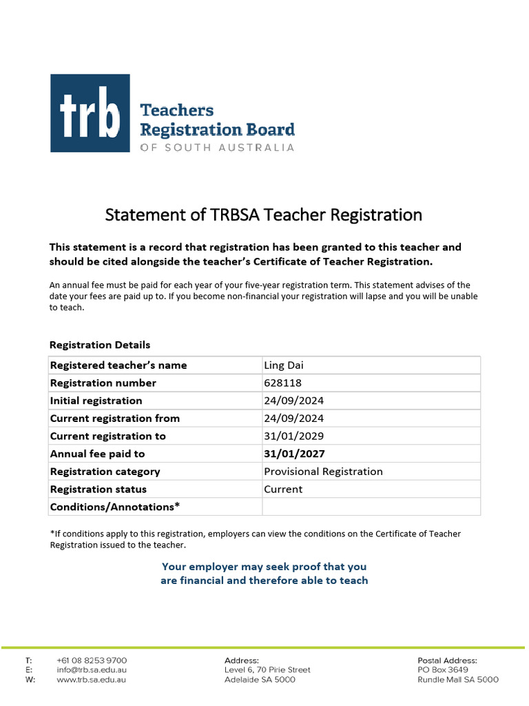 TRBSA Teacher Registration Statement | PDF