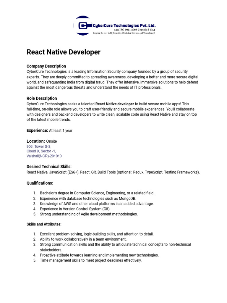 React Native Job Description CyberCure Technologies | PDF