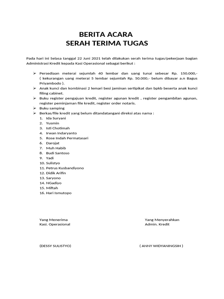 Serah Terima Tugas Administrasi Kredit | PDF