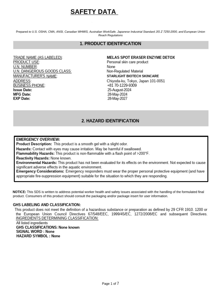 MSDS - Melas Spot Eraser Enzyme Detox | PDF | Dangerous Goods | Safety