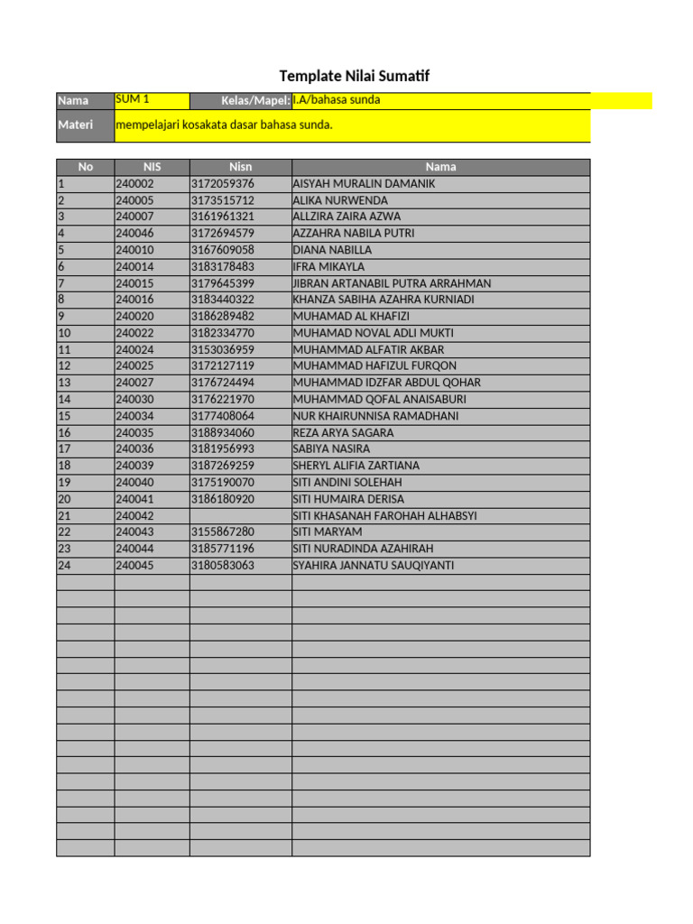 Template Nilai Sumatif Bahasa Sunda | PDF
