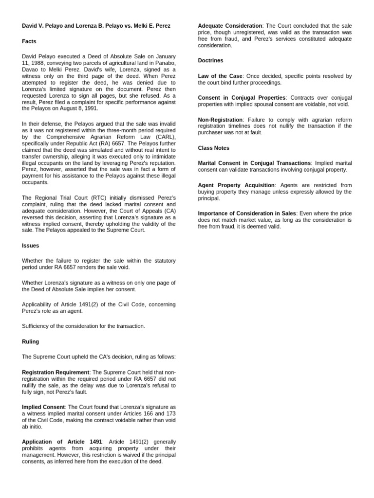 David V. Pelayo and Lorenza B. Pelayo vs. Melki E. Perez | PDF | Public Law | Private Law