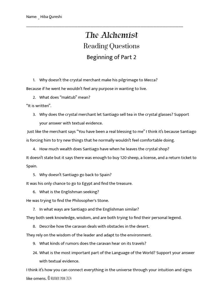 The Alchemist Reading Questions | PDF