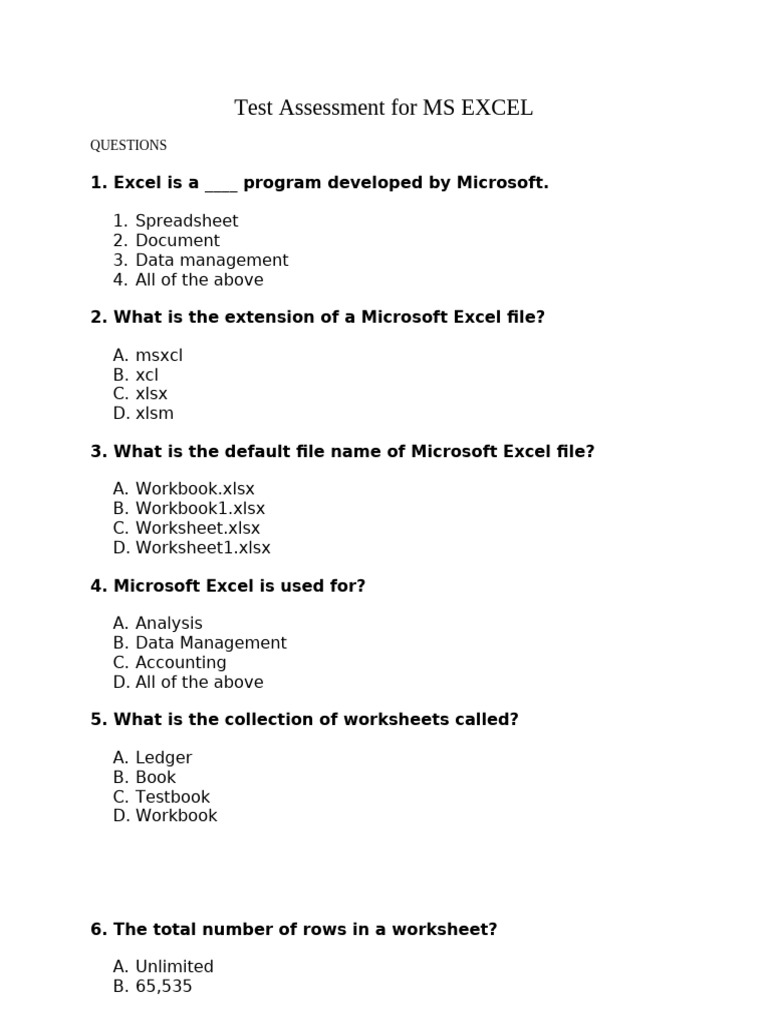Test Assessment For MS EXCEL | PDF | Microsoft Excel | Worksheet