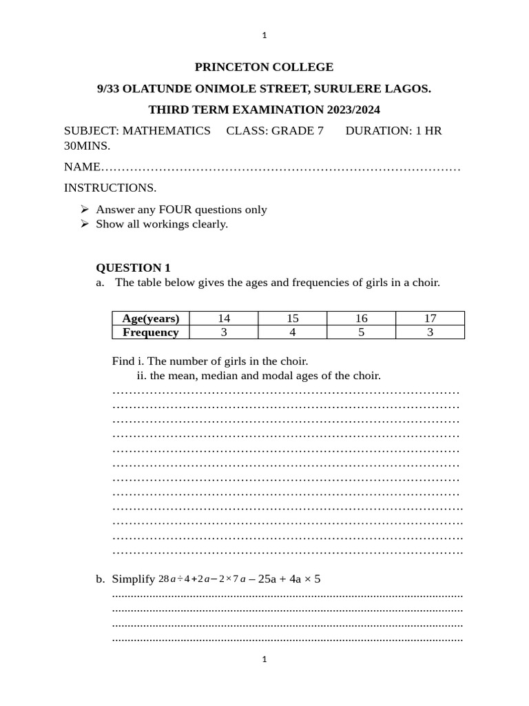 Grade 7 Maths Third Term Exam Maths | PDF