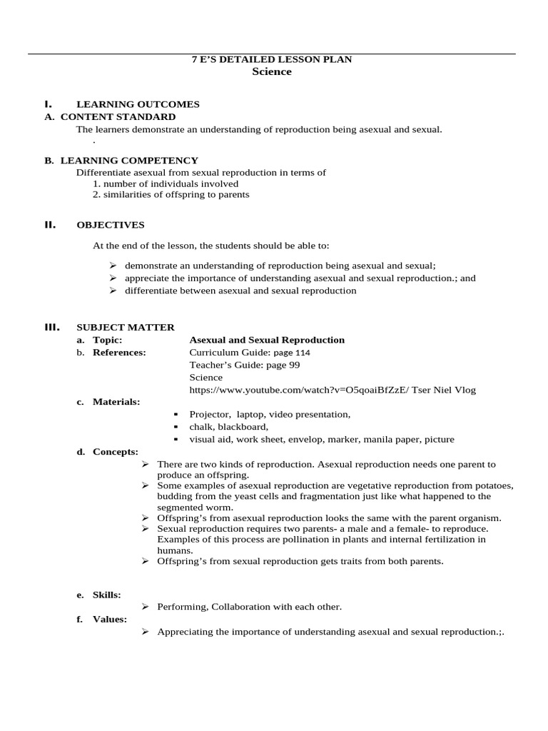 7E's Lesson Plan Science-1 | PDF | Reproduction | Sexual Reproduction