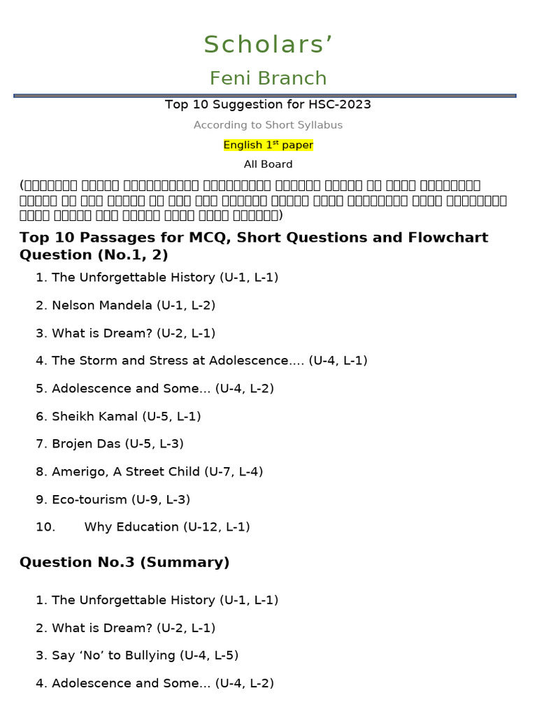 HSC 2023 English Exam Suggestions | PDF | Bangladesh