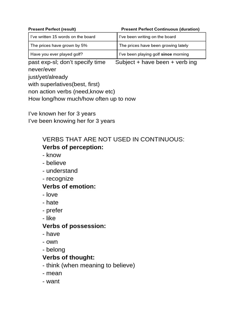 Present Perfect (Result) Present Perfect Continuous (Duration) | PDF ...