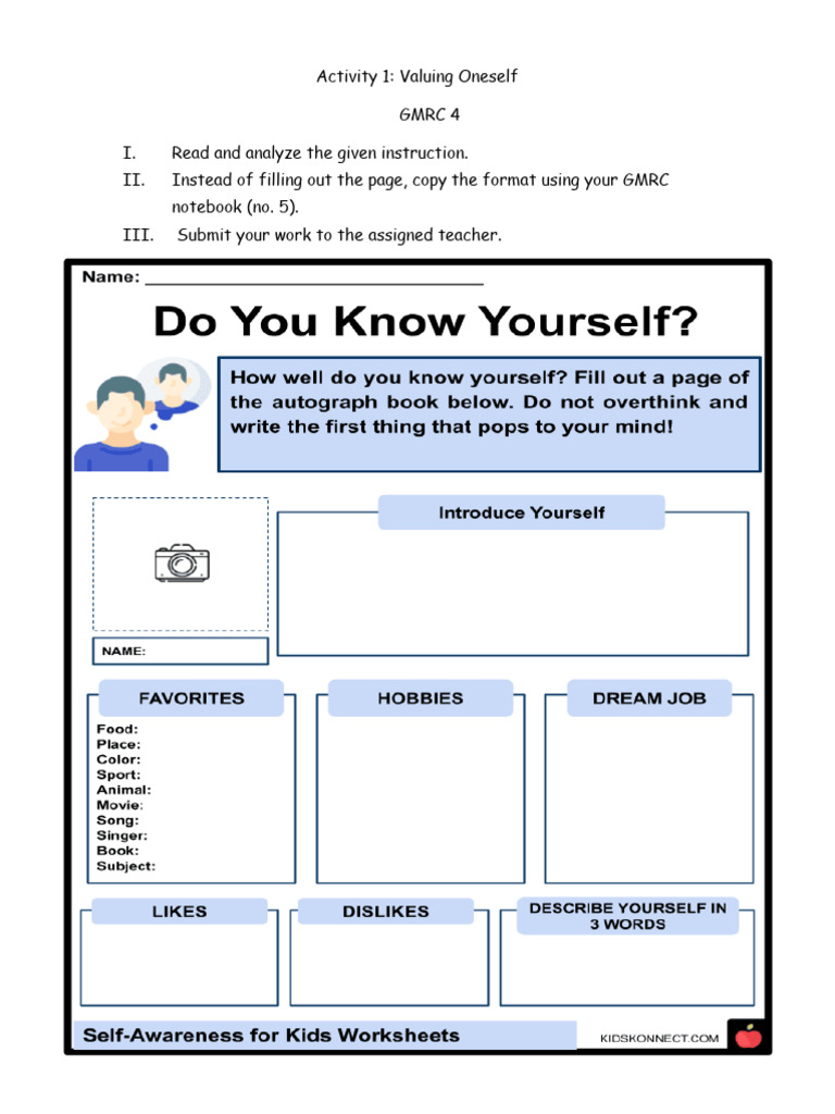 Valuing Self Activity 1 Grade 4 Amber | PDF