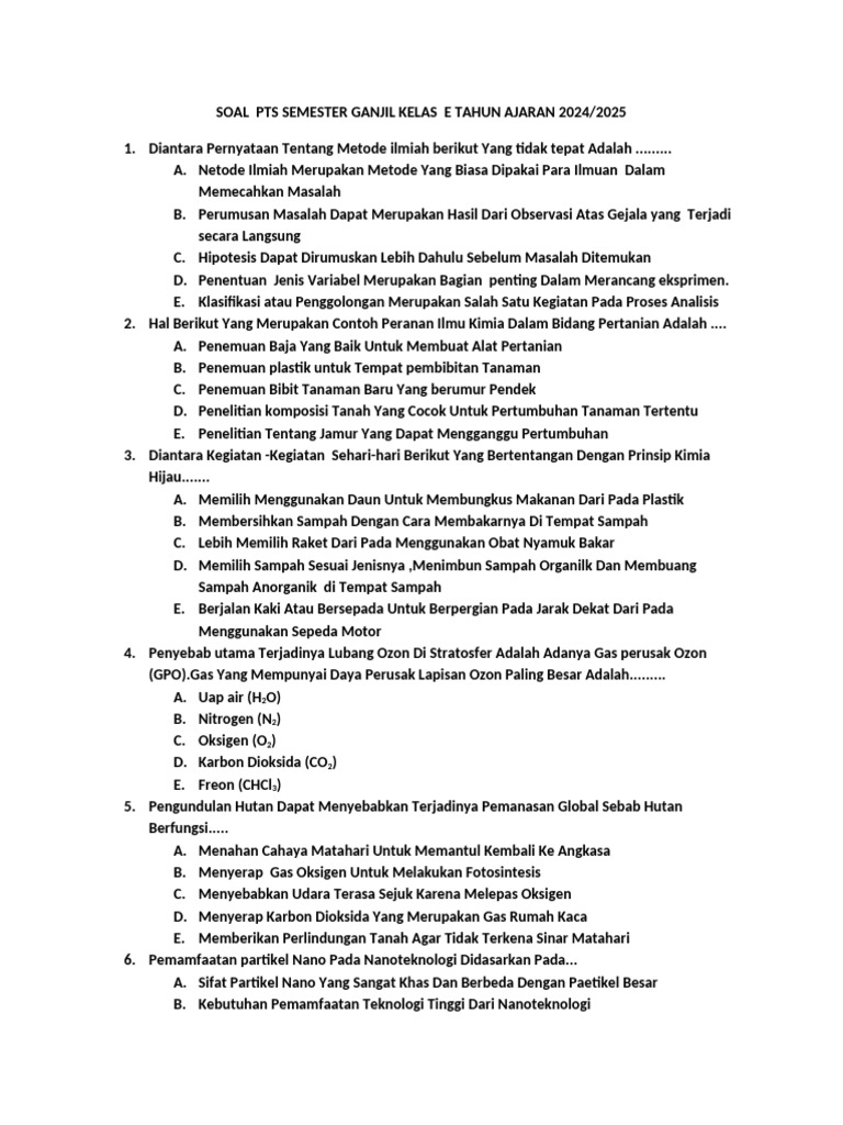 Soal PTS Semester Ganjil Kelas e Tahun Ajaran 2024 | PDF
