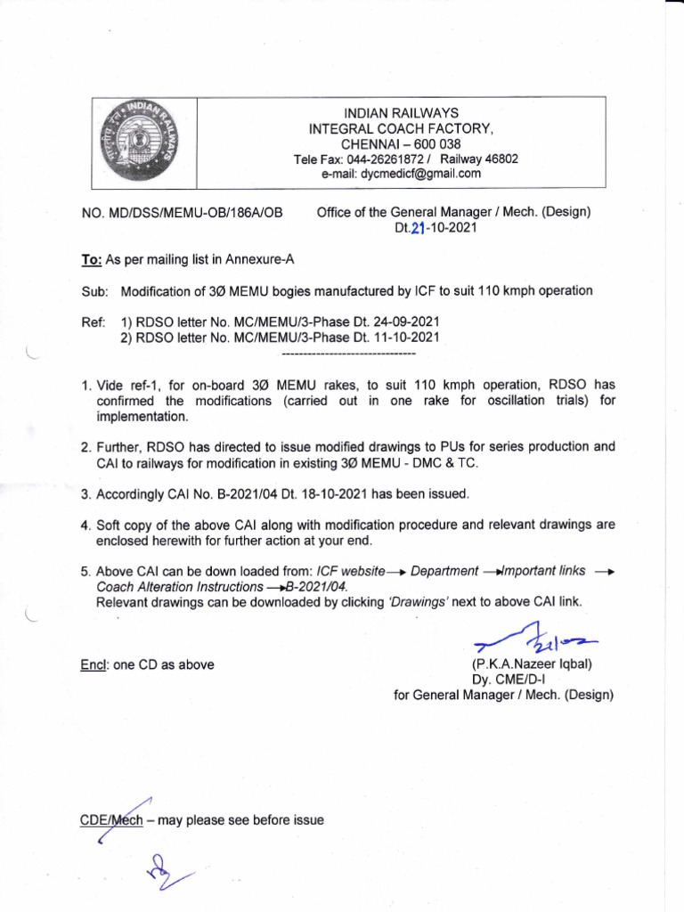 MEMU Bogie Modifications for 110 kmph | PDF | Pipe (Fluid Conveyance ...
