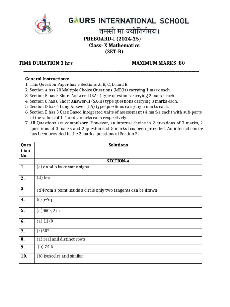 CBSE Class 10 Math Marking Scheme 2024-25 | PDF | Odds | Arithmetic