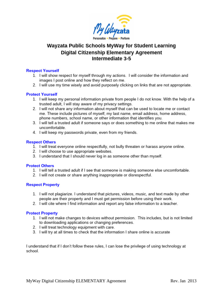 MyWay For Student Learning Digital Citizenship School Agreement Grades ...