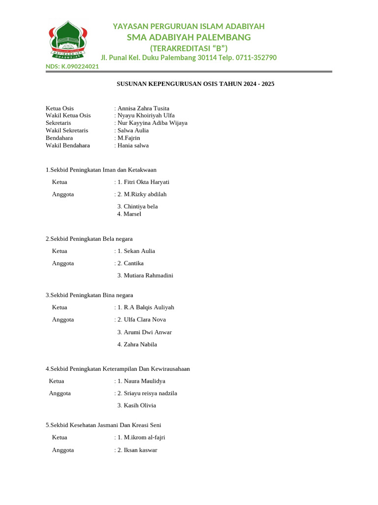 Struktur Pengurus OSIS SMA Adabiyah 2024-2025 | PDF