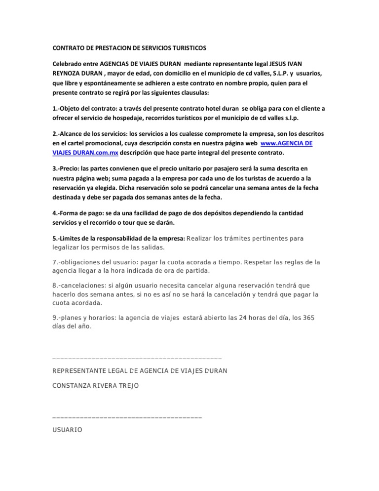 Contrato de Prestacion de Servicios Turisticos | Agencia de viajes ...