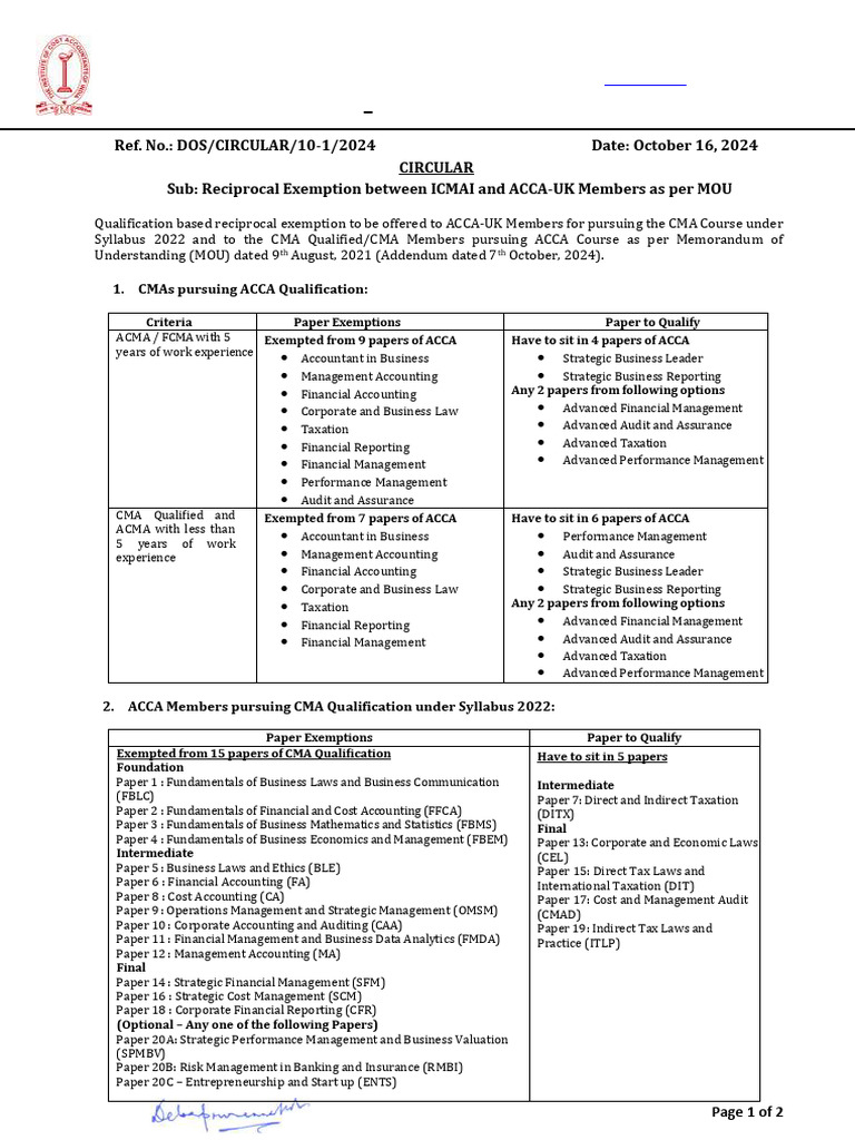 CMA ACCAExemption Circular | PDF | Accountant | Economies