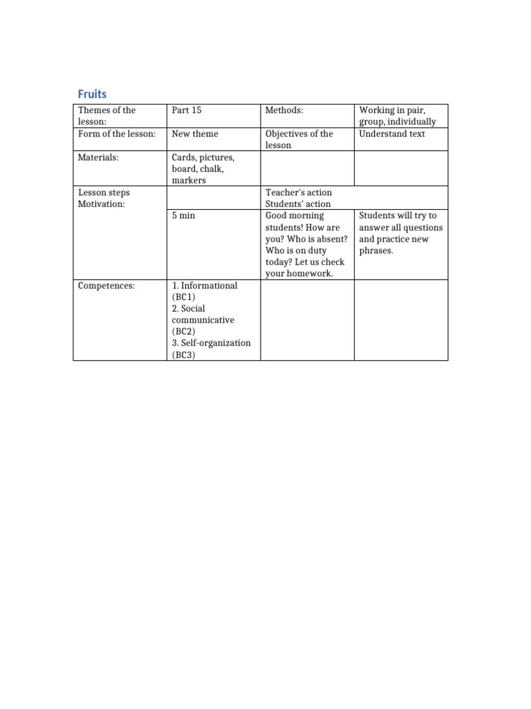 Fruits Lesson Aligned Table | PDF