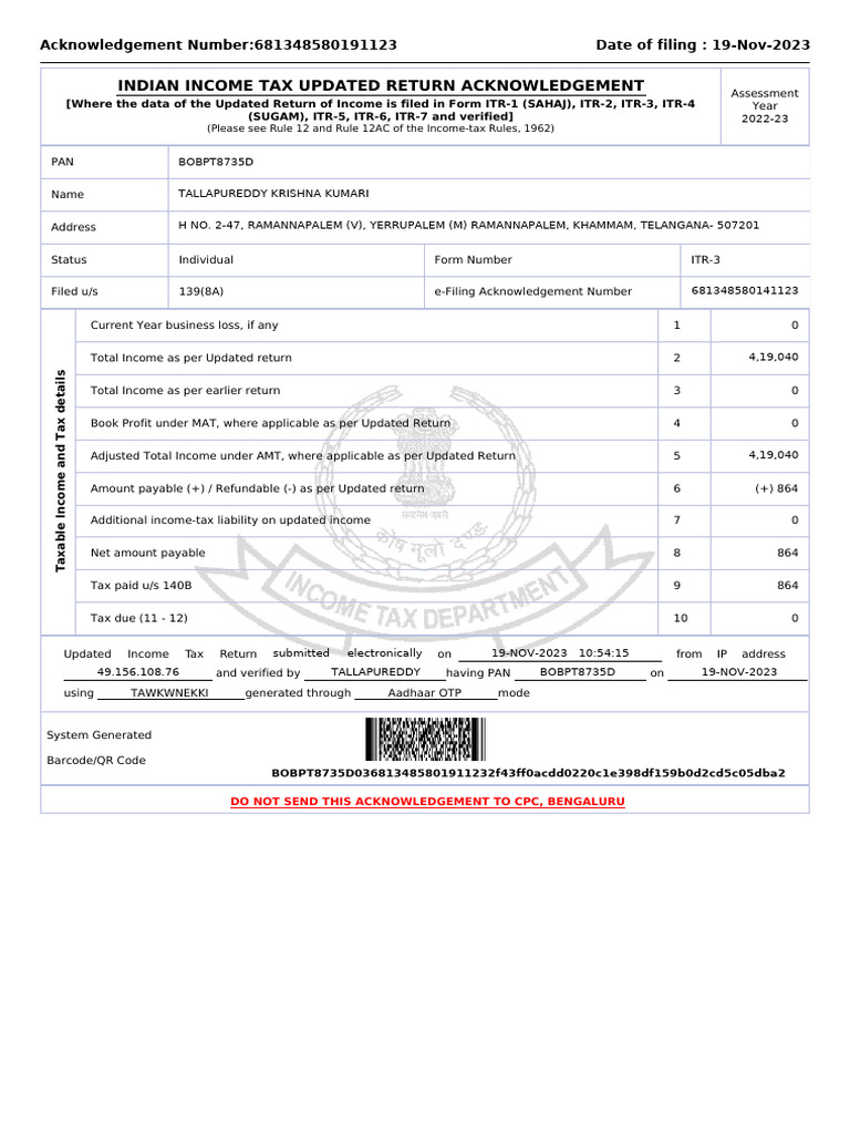 Tallapureddy Itr 2022-23 | PDF | Taxes | Tax Refund