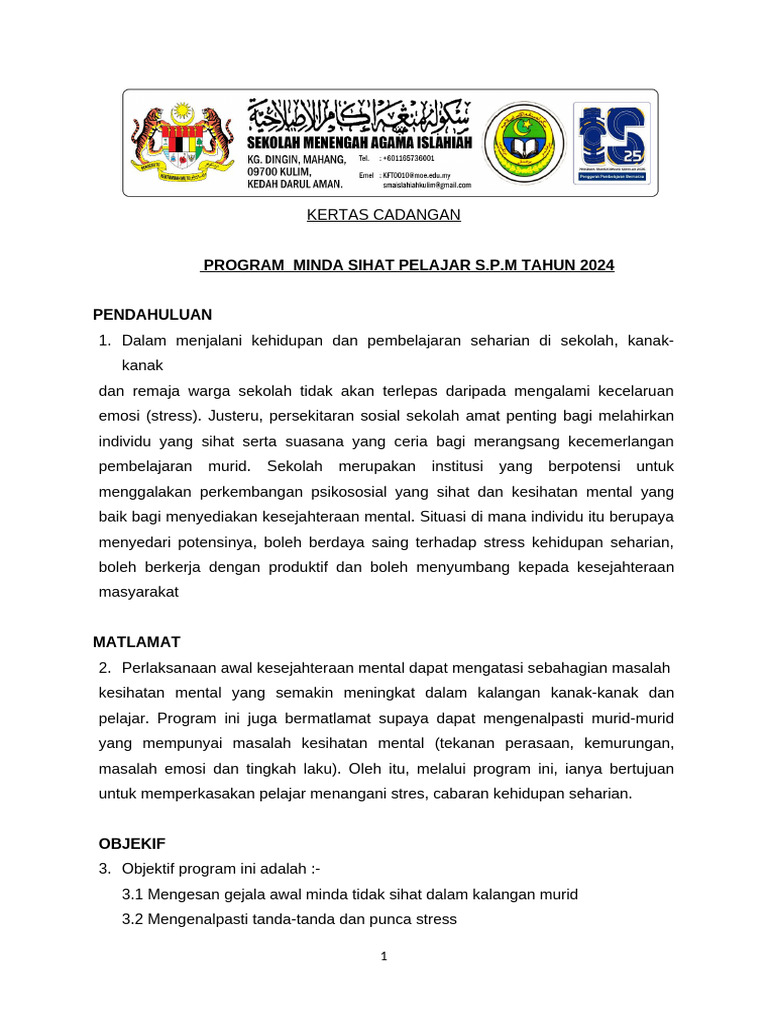 Kertas Cadangan Program Minda Sihat Pelajar SPM 2024 | PDF