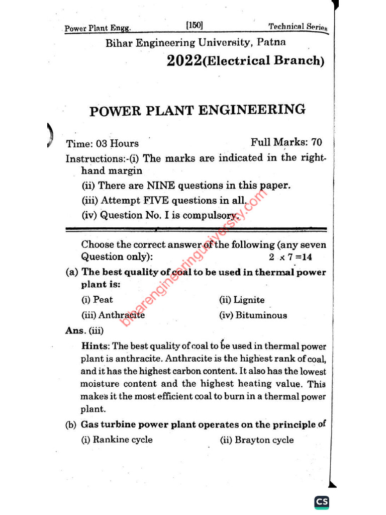 Beu Pyq Solution Power Plant Engineering 2022 | PDF