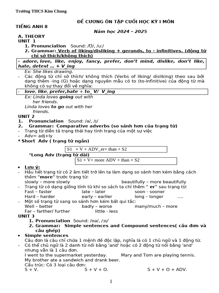 ĐỀ CƯƠNG CUỐI HK 1 ANH 8 -KEY | PDF