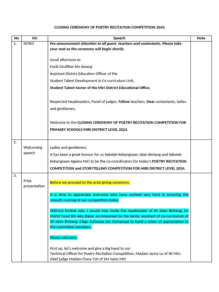 MC Text Closing Ceremony Poetry Recitation Competition | PDF