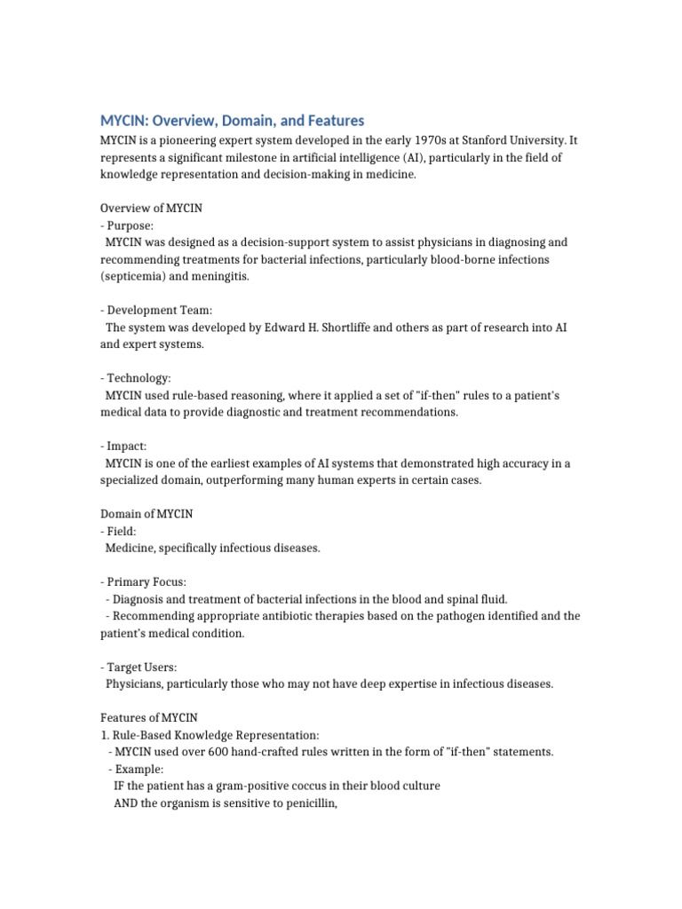 MYCIN_Overview_Domain_Features | PDF | Infection | Medical Diagnosis