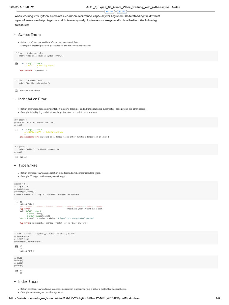 Unit1 7) Types of Errors While Working With Python - Ipynb - Colab | PDF | Integer (Computer ...