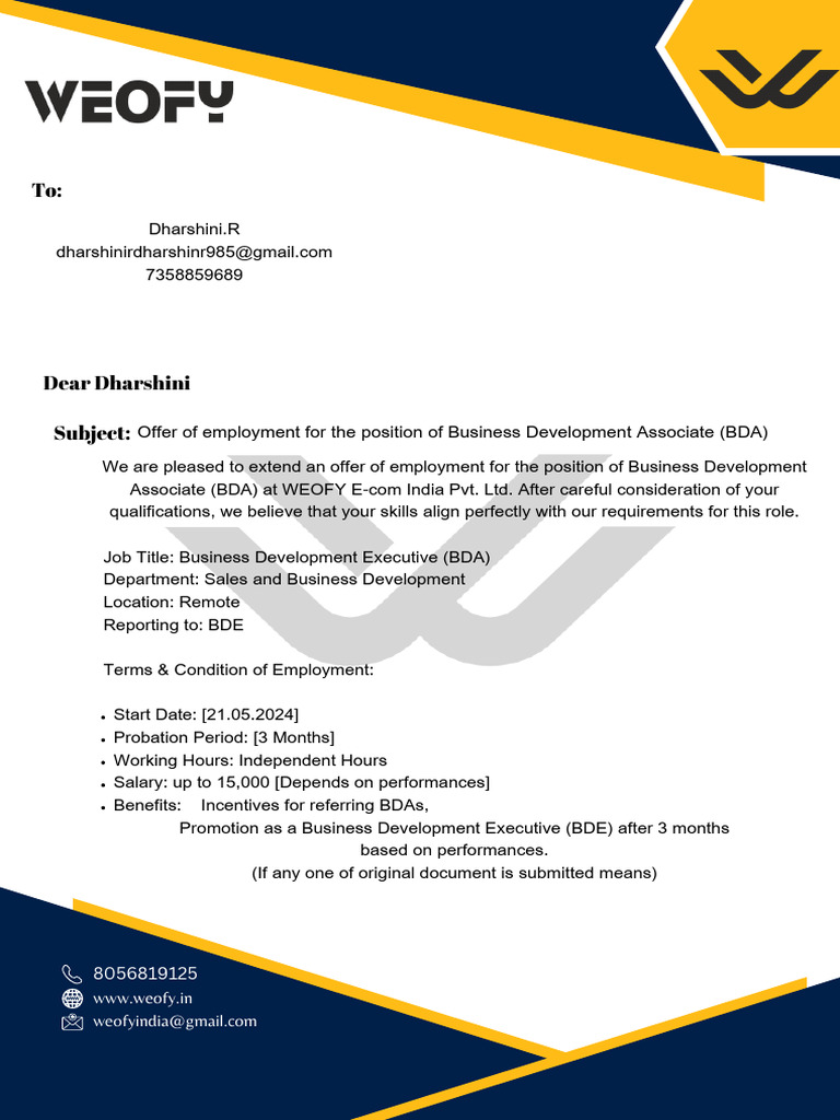 Dharshini BDA Offer Letter | PDF | Employment | Economies