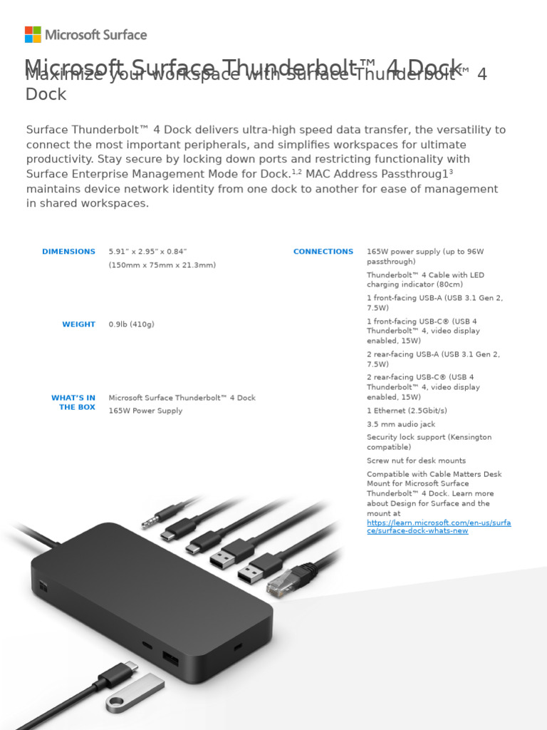 Surface Thunderbolt 4 Dock Spec Sheet Portrait | PDF | Usb | Personal ...