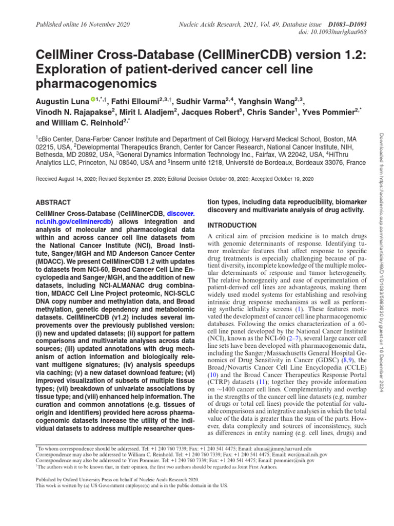CellMiner Cross-Database (CellMinerCDB) Version 1.2: Exploration of Patient-Derived Cancer Cell ...