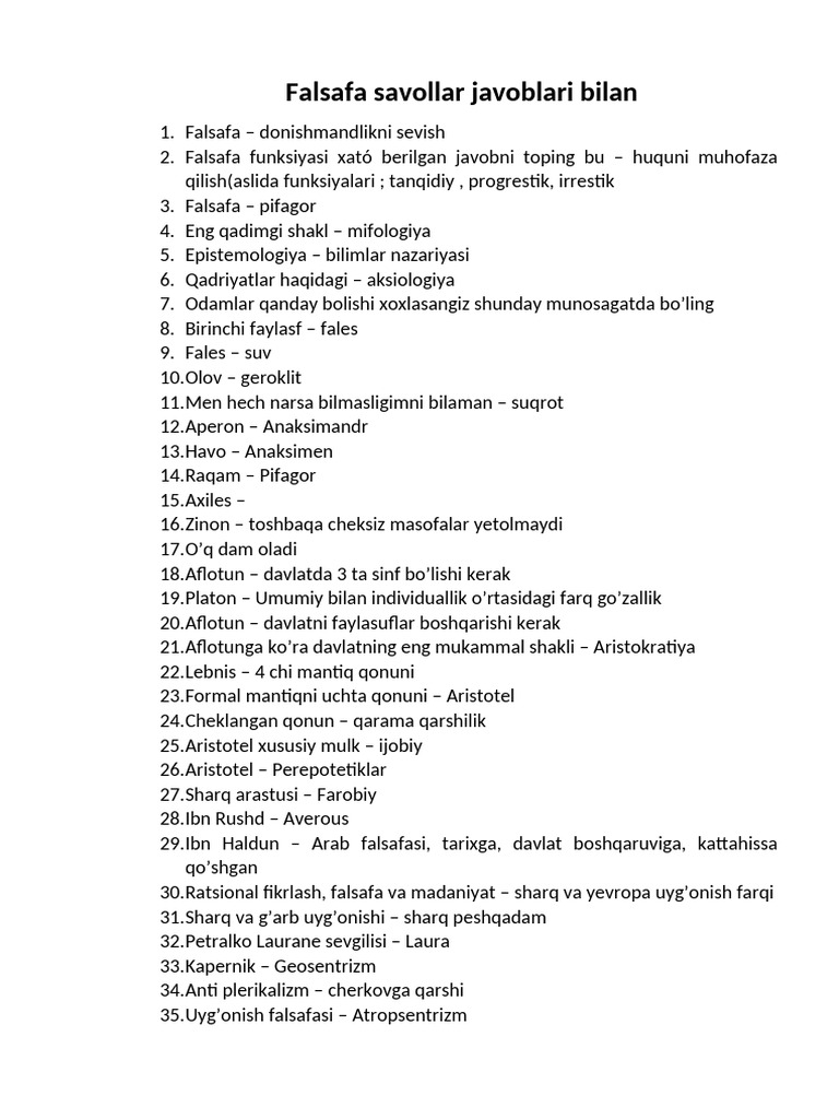 Yakuniy Falsafa Savollar Javoblari Bilan | PDF