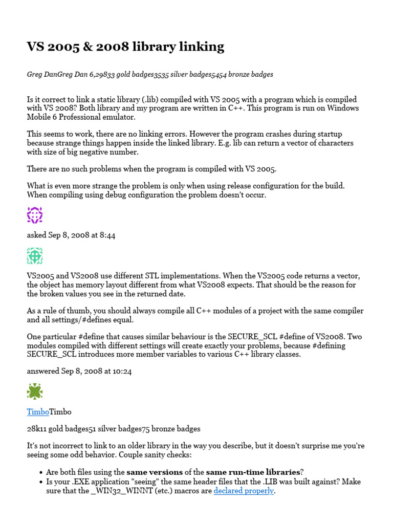 Visual C++ - VS 2005 & 2008 Library Linking - Stack Overflow | PDF | Library (Computing) | C++