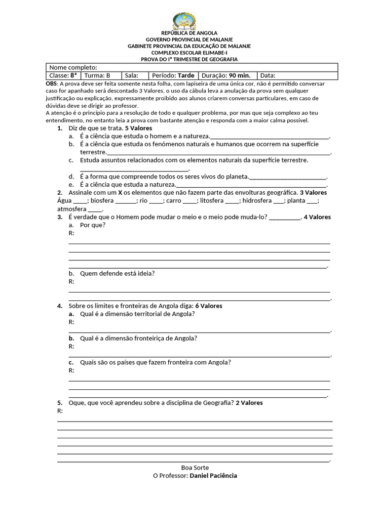 Modelo de prova 1 | PDF | Geografia | Science