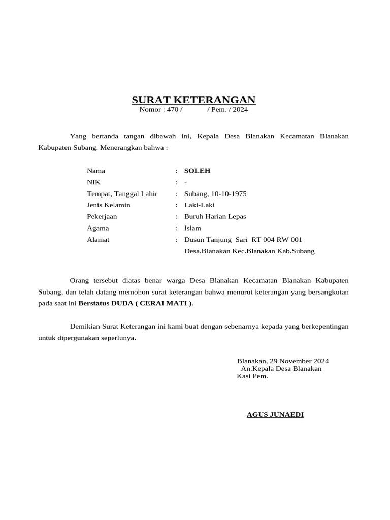 Surat Keterangan Janda Dan Duda 2024 | PDF