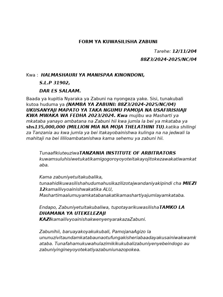 Form Ya Kuwasilisha Zabuni | PDF