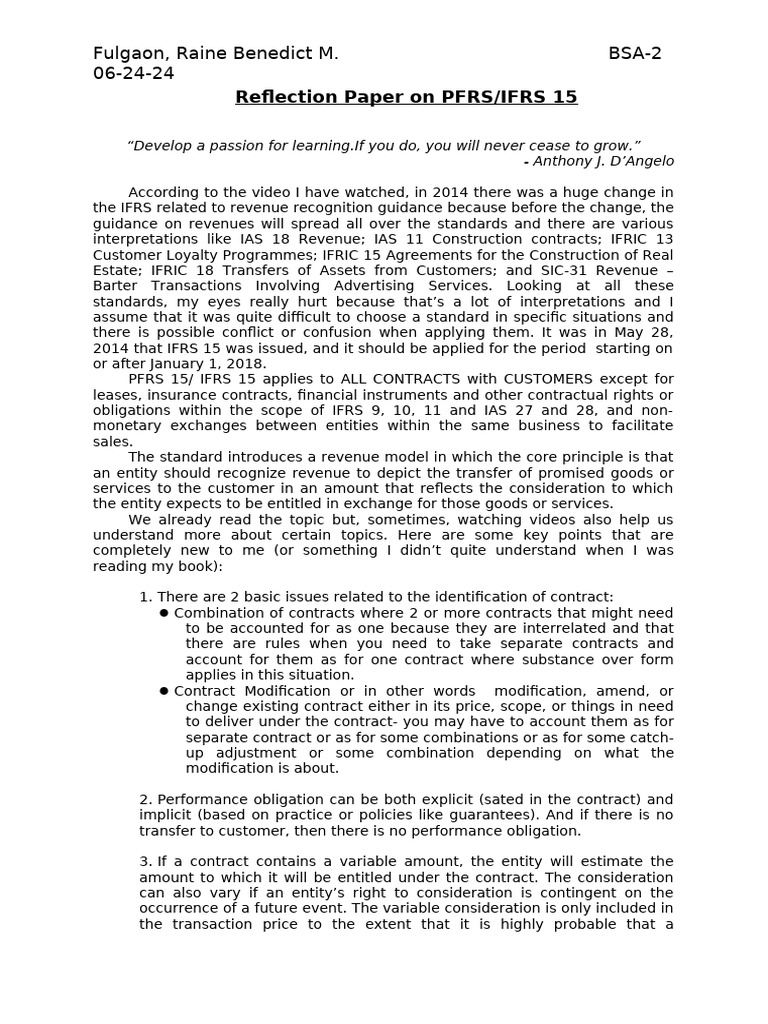 Reflection Paper on PFRS 15 | PDF | International Financial Reporting ...