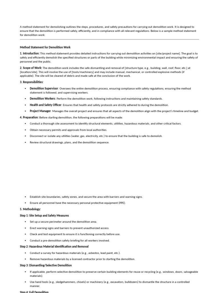 1 Method Statement For Demolition Project Work | PDF | Demolition | Safety
