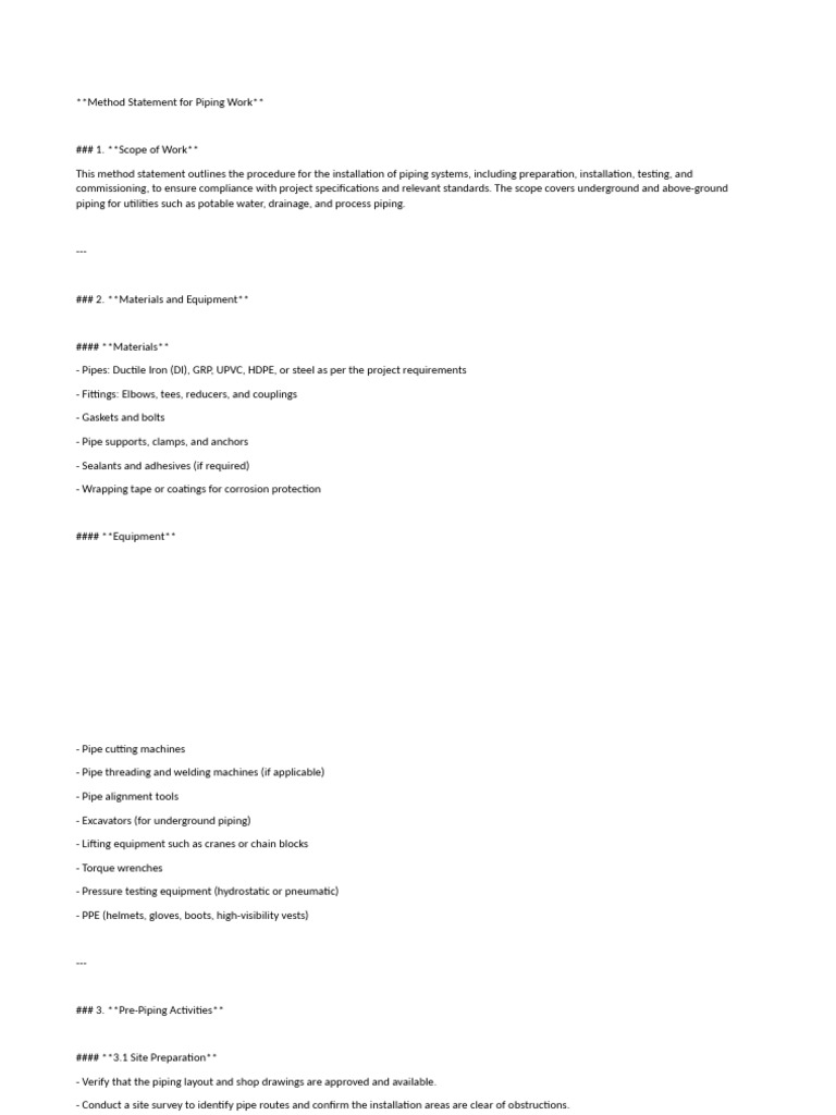 1 Method Statement For Piping Work | PDF | Pipe (Fluid Conveyance ...